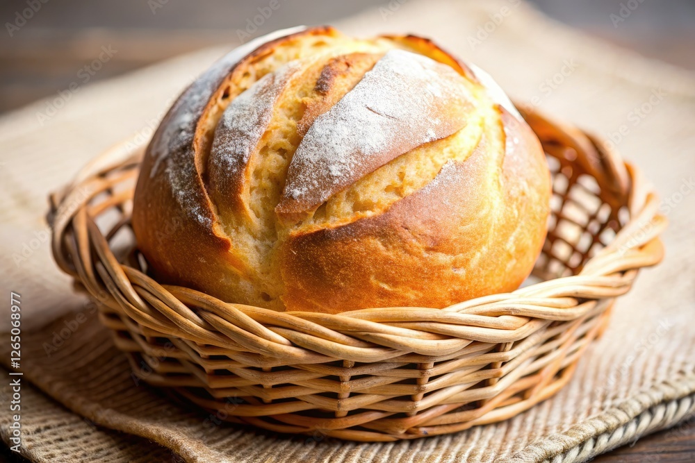 Deep depth of field showcases a handcrafted bread roll in a basket ...