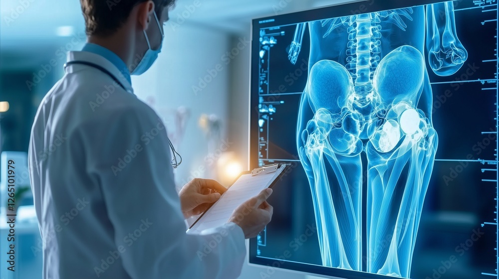 Doctor reviewing hip x-ray on screen, symbolizing orthopedic diagnosis ...