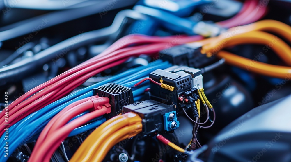 Colorful wiring harnesses in a car engine symbolize connectivity and ...