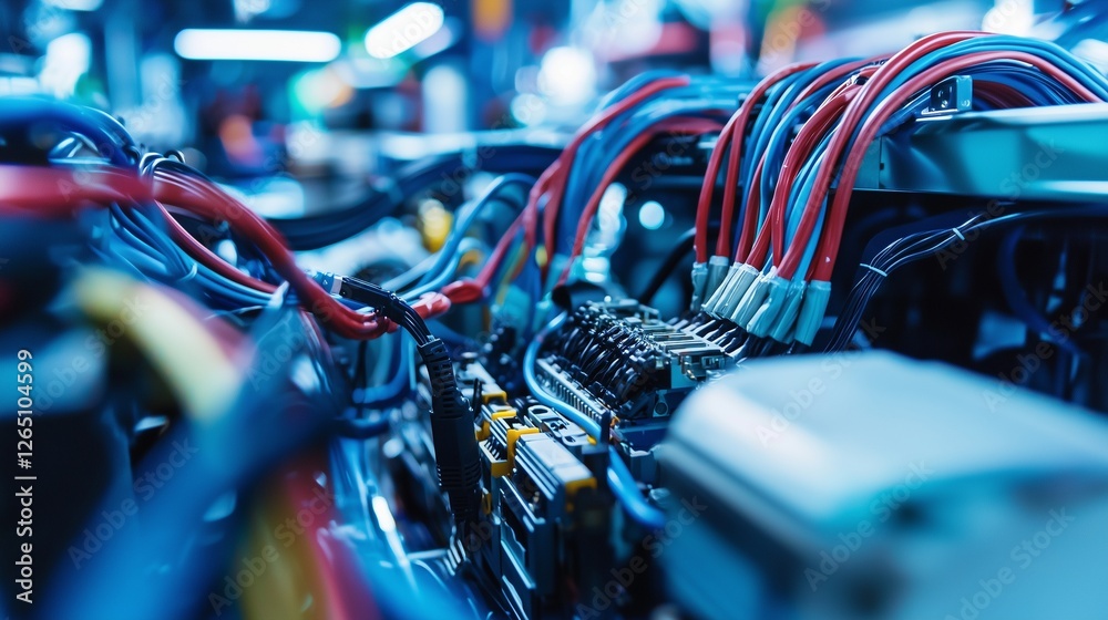 Close-up of vehicle electronic wiring and control systems, highlighting ...