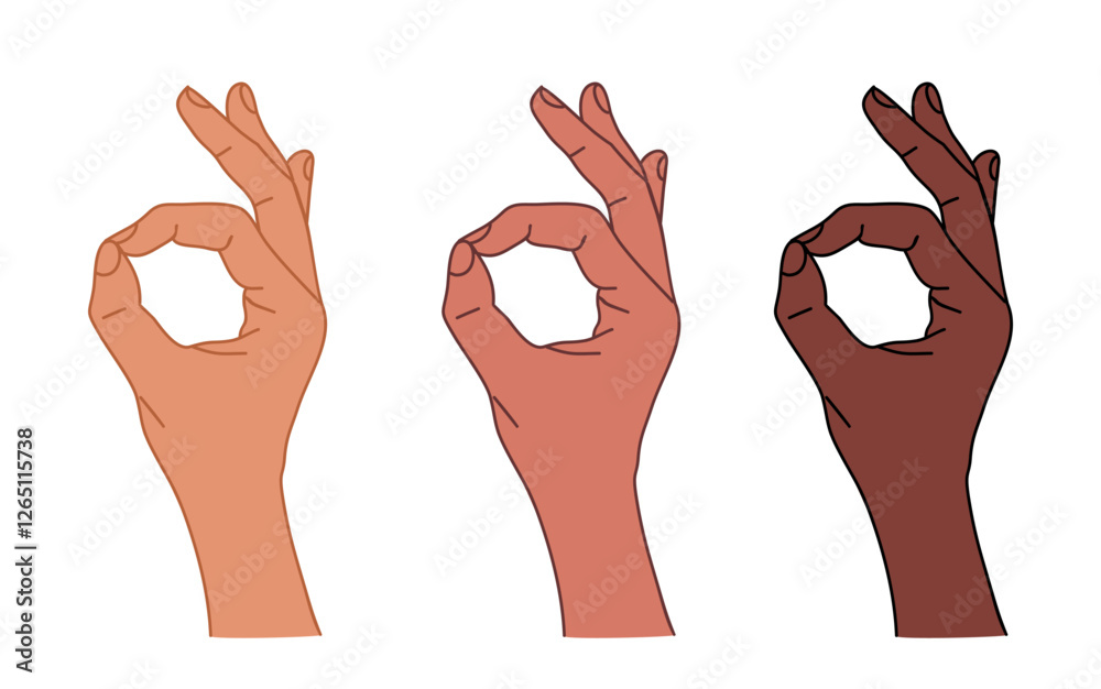 Ok, okay Hand gesture. Outline drawing of hands with different skin ...
