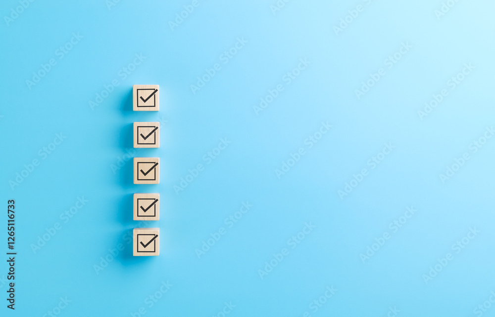 Checklist concept. Correct sign tick checkmark on wooden block with ...
