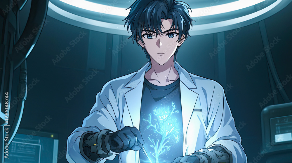 Man in lab coat holding a light with futuristic anime biologist ...