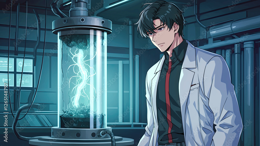 Man in lab coat standing next to large machine with futuristic anime ...
