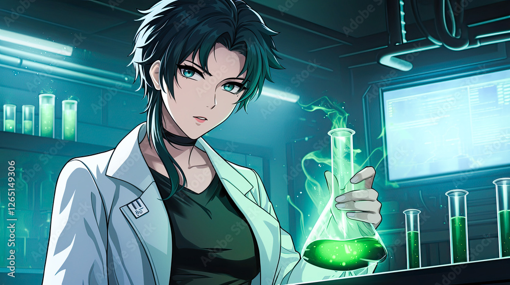 Woman in lab coat holding a beaker with a cyberpunk anime chemist ...