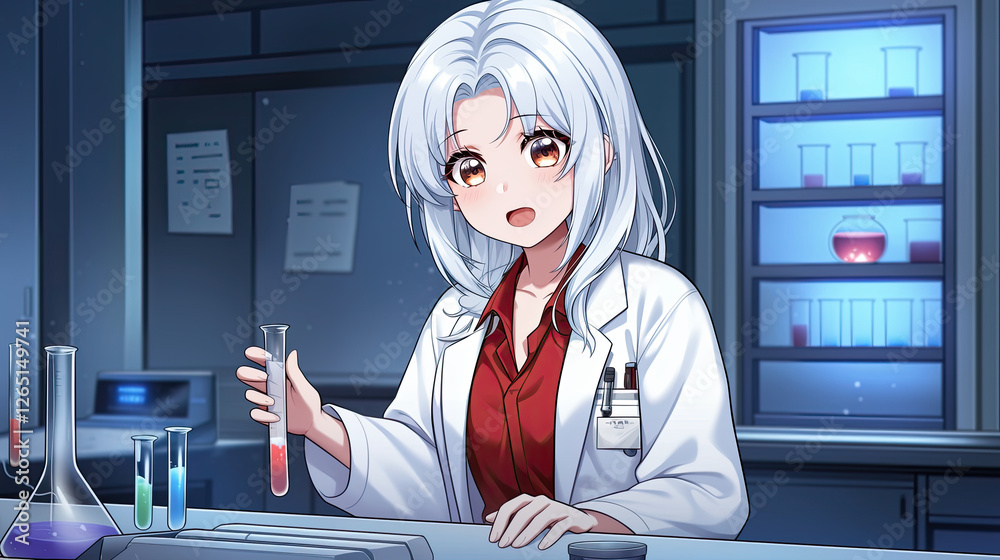 Woman in lab coat holding a beaker alongside a chibi anime scientist in ...