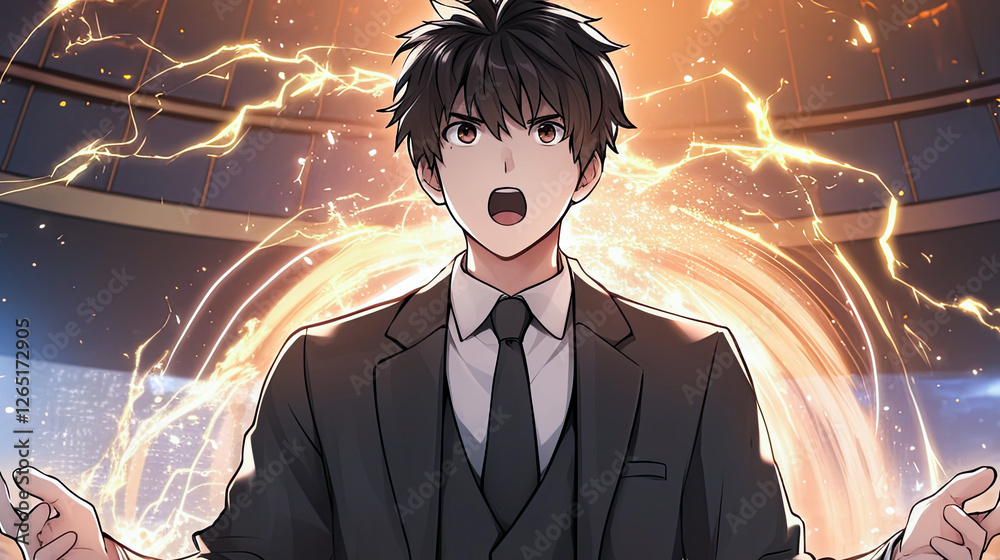 Man in a suit and tie standing in front of a large light with a ...