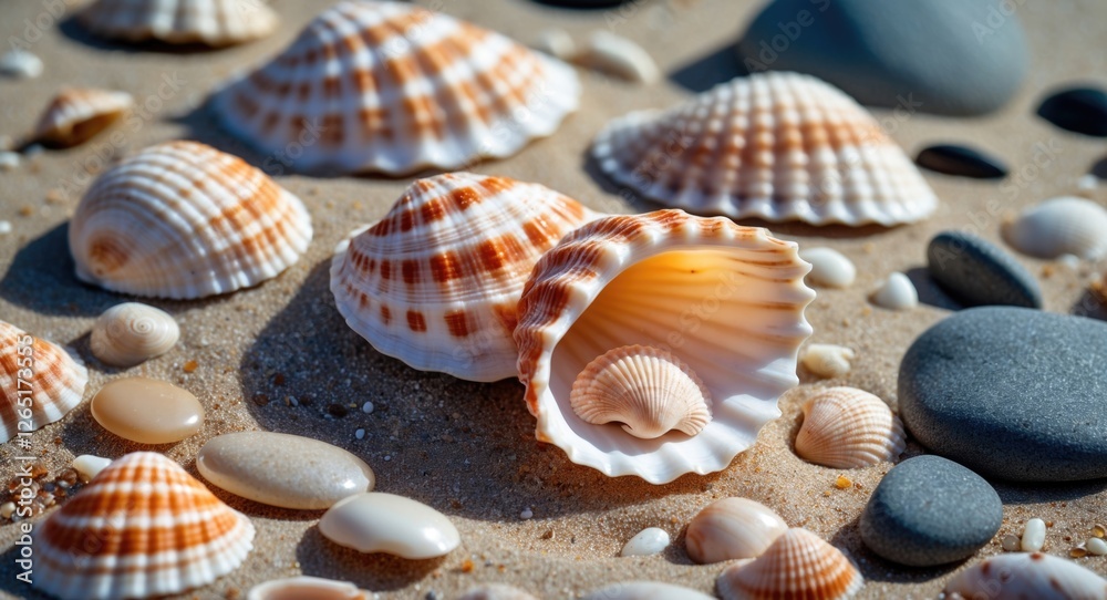 Variety of seashells and pebbles scattered on sandy beach with one ...