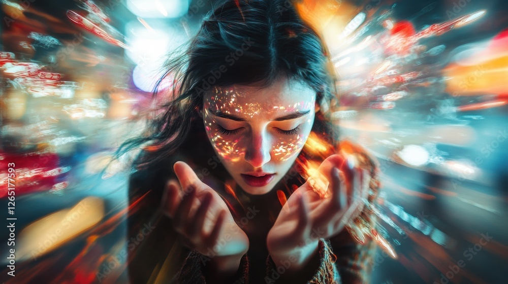 Young girl addicted to drugs with hallucinations against blurred ...