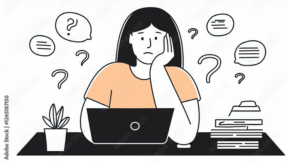Worry woman, work question illustration. Doodle outline character woman ...