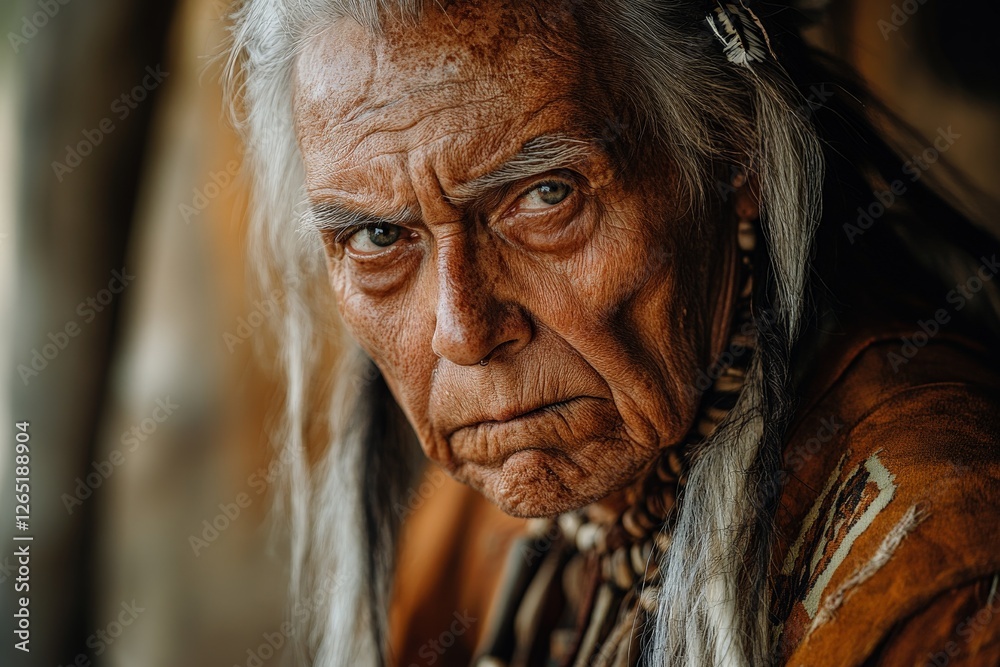 Historic native elder gazes thoughtfully while dressed in traditional ...