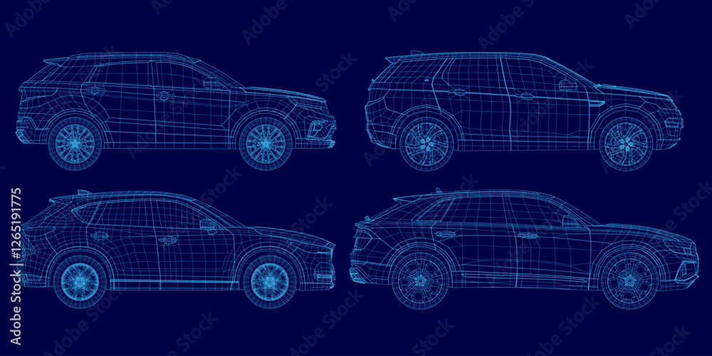 Four cars are shown in a blue background. The cars are all different ...