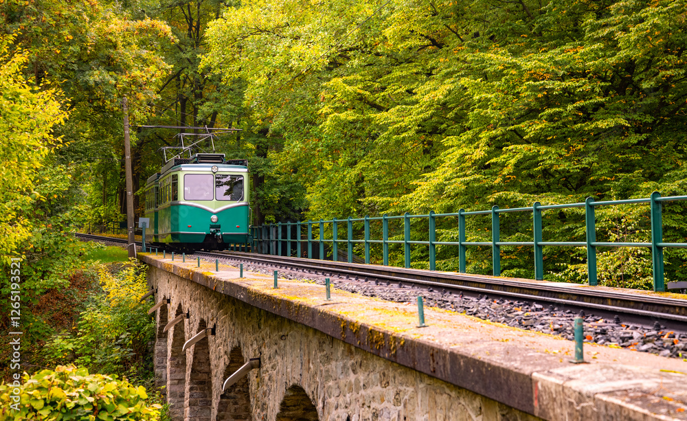 The historic cog railroad that transports tourists up the Drachenfels ...