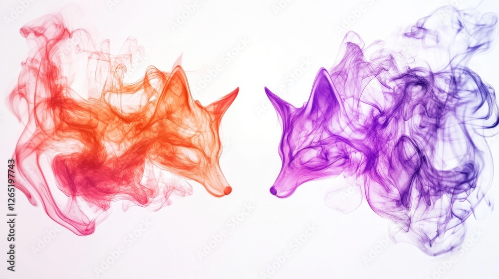 Two stylized fox heads are depicted in profile, facing each other ...