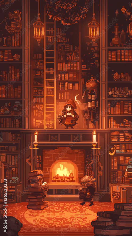 Magic pixel art library with floating books, owls delivering letters ...