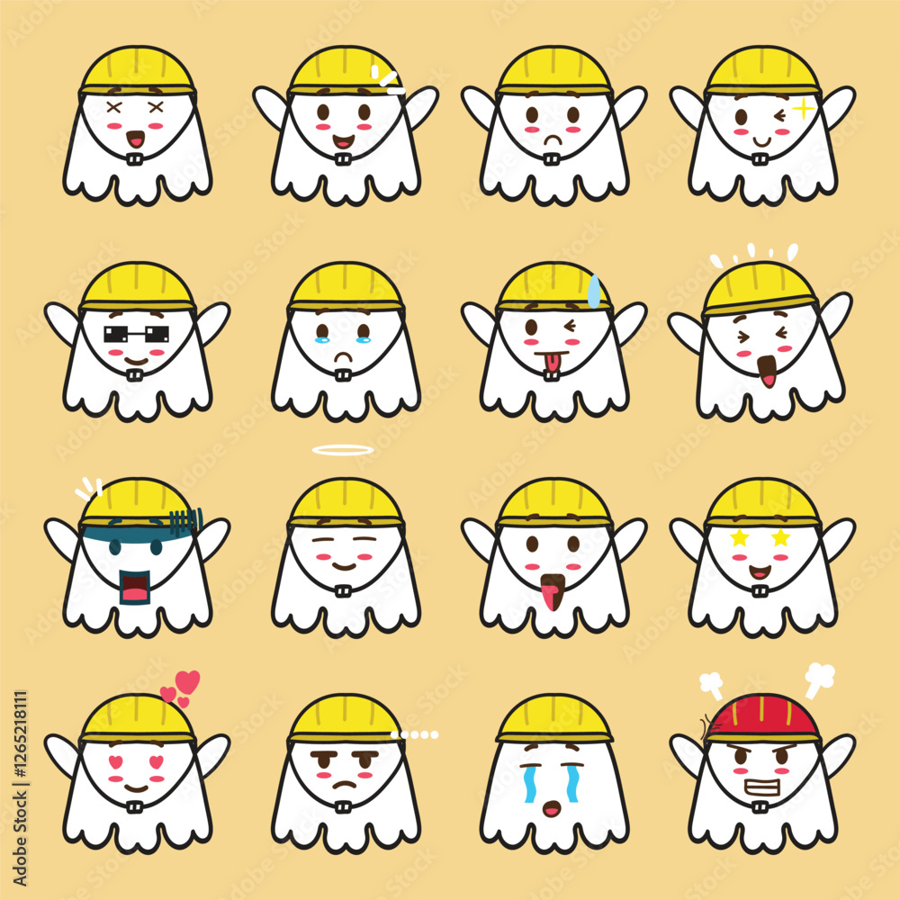 a ghost wearing a safety helmet emoticon set for emoji project, design ...