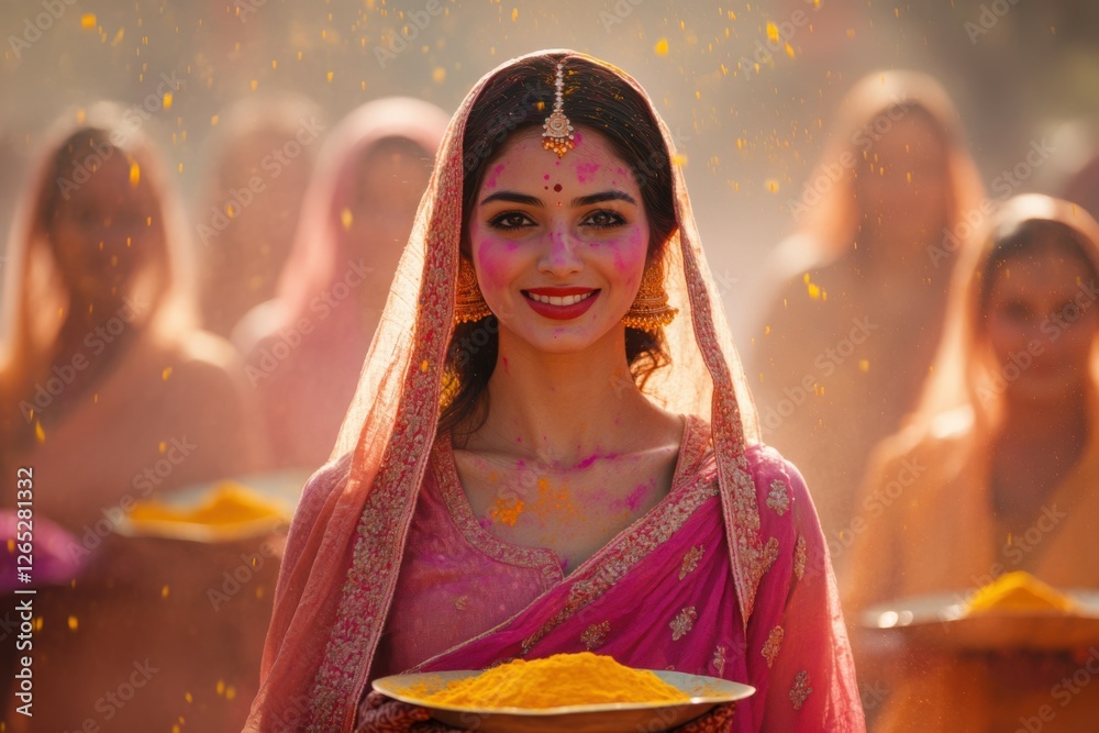 Holi Rang Panchami Portrait of Indian woman enjoying in color powder in ...