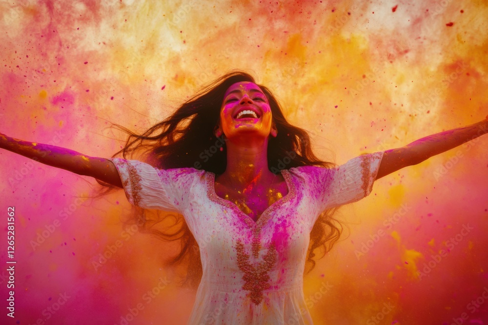 Holi Rang Panchami Portrait of Indian woman enjoying in color powder in ...