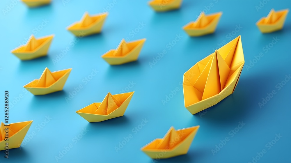 leadership concept with yellow paper boat leading origami ships ...