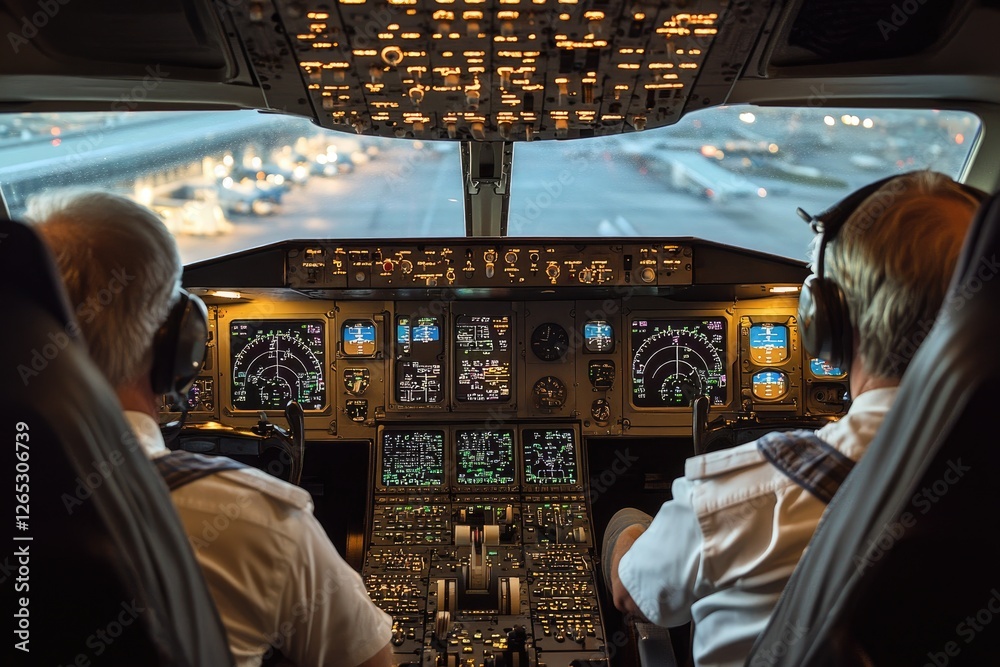 Airline pilots operating aircraft from cockpit at night Stock Photo ...