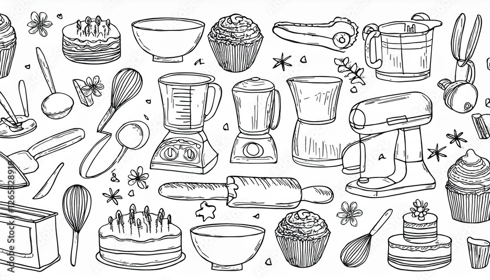 Hand drawn set of baking and cooking tools, mixer, cake, spoon, cupcake ...