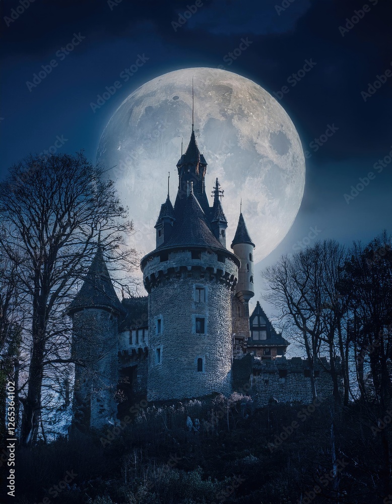 Gothic castle at night with full moon in mysterious forest setting ...