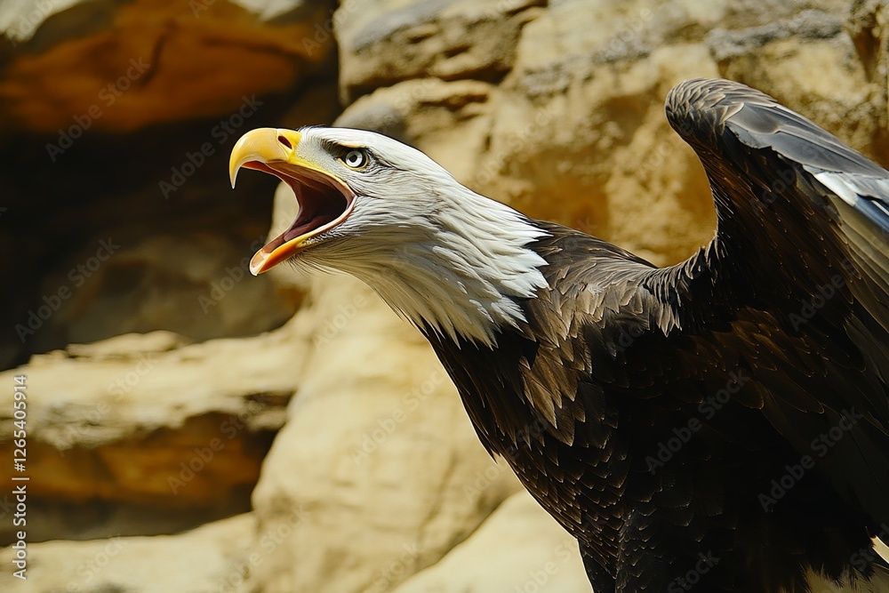 Side profile of a bald eagle in mid-screech - the sharp beak open with ...
