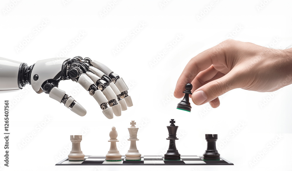 A chess game between ai robot and a human on white background ...