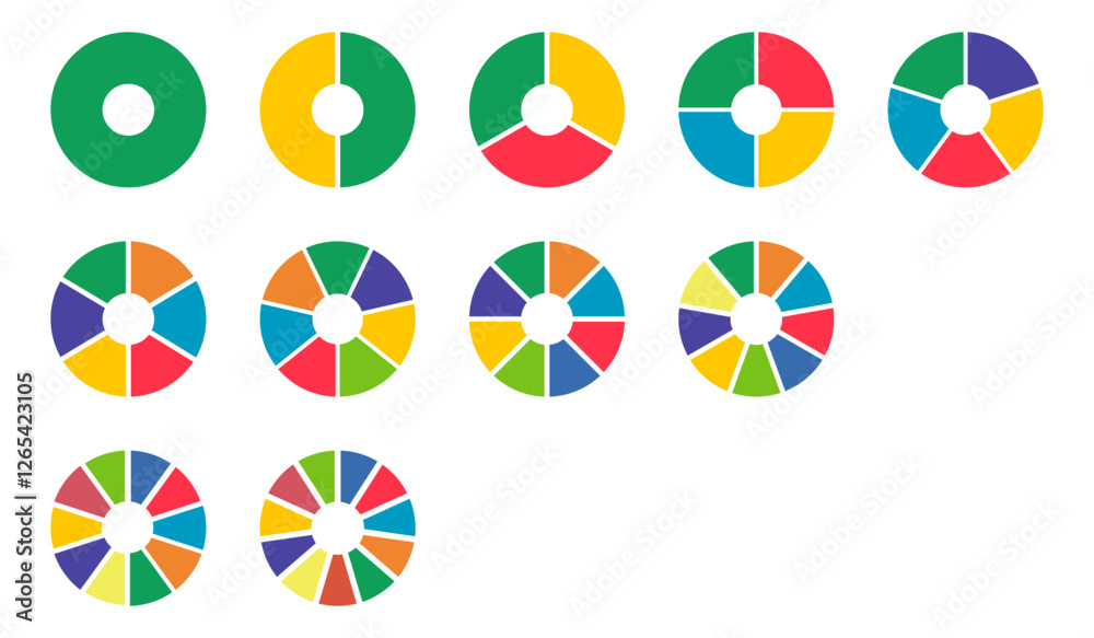 Donut charts, pies segmented on from 1 to 11 equal parts. Pie, pizza chart round icons layout ...