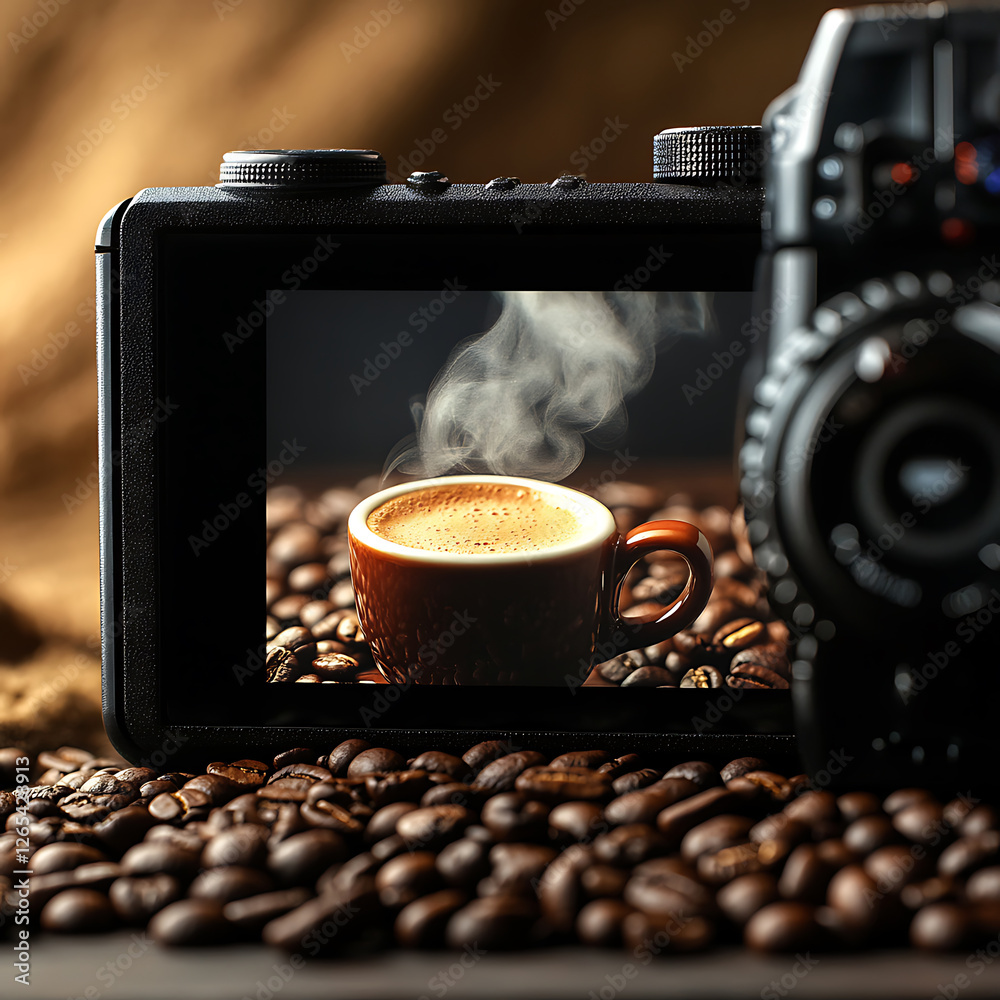 Camera screen captures a coffee cup surrounded by coffee beans Stock ...