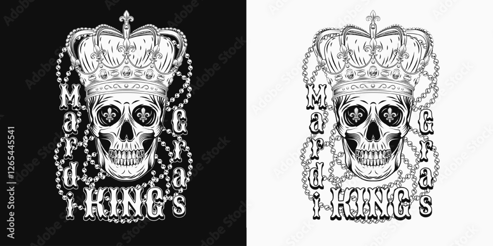 Mardi Gras King label. Black and white emblem with human skull in ...