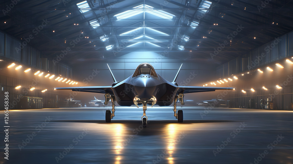 F-35 stealth, military aircraft hangar. Advanced military technology fighter jet squadron in the ...