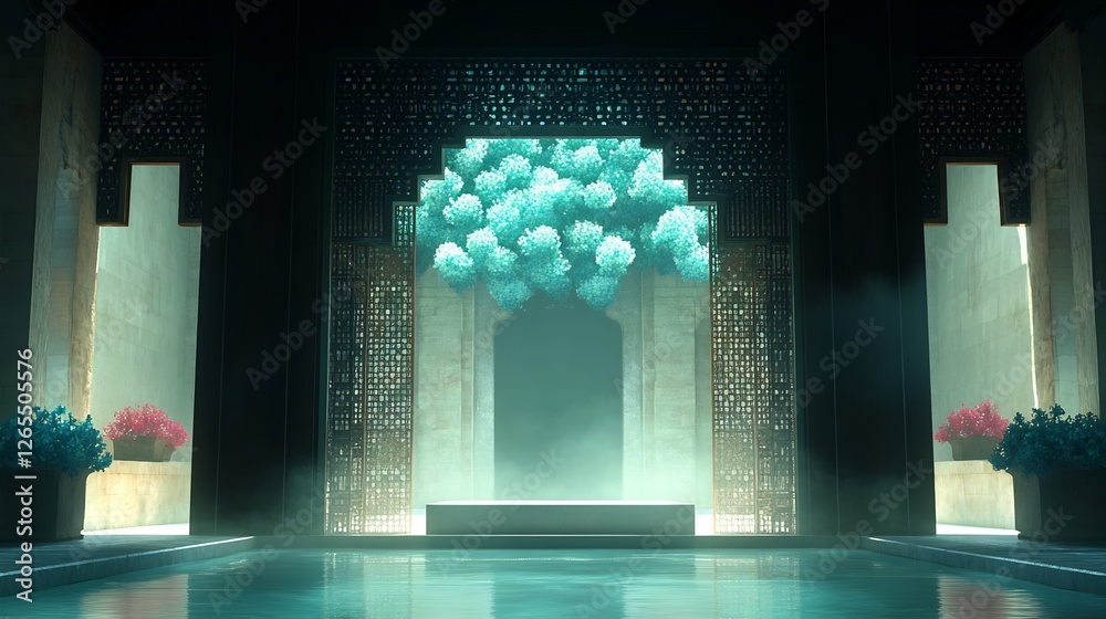 Ethereal teal cloud formation glows softly within ancient temple ...