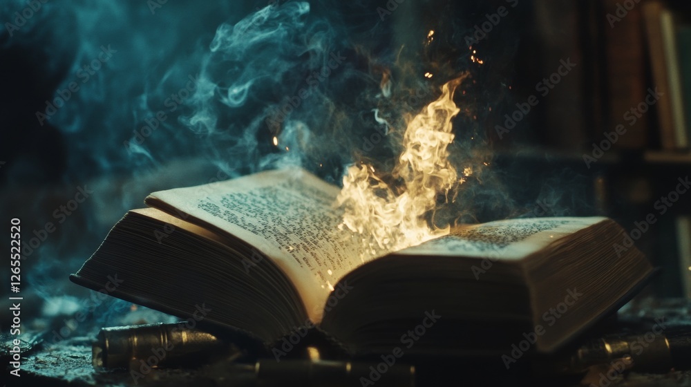 Ancient book engulfed in flames releases smoke in dimly lit library at ...