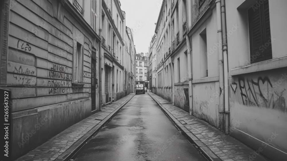 Parisian alleyway, grey day, graffiti, urban scene, travel blog Stock ...