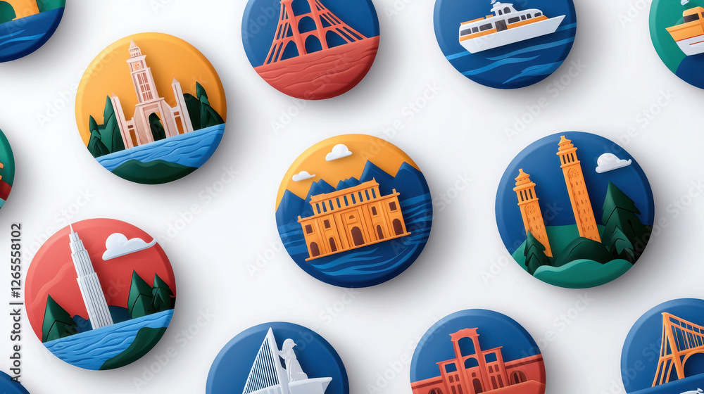 Colorful travel themed badges featuring famous landmarks Stock ...