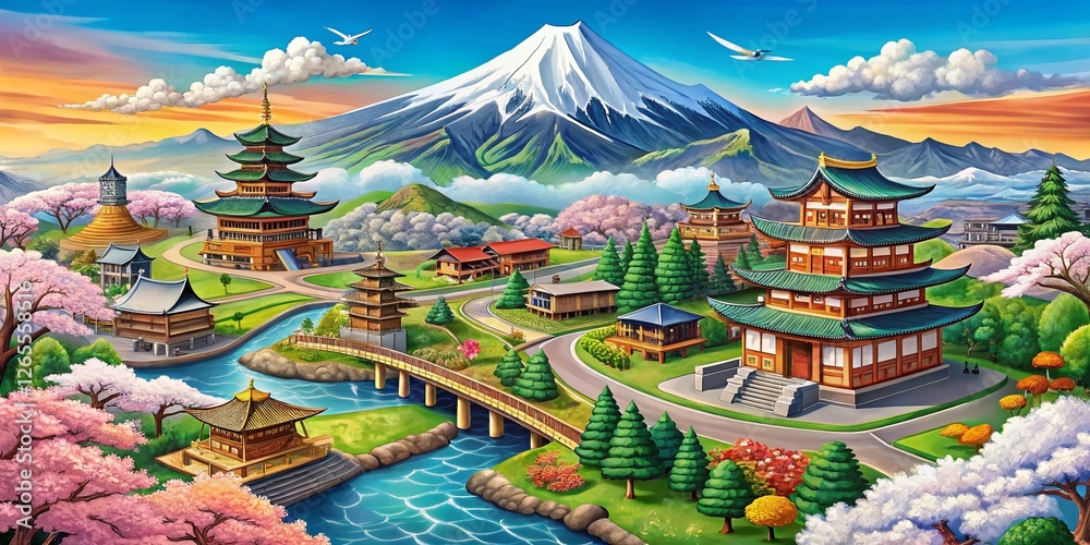 Aerial View Illustrated Map of Japan: Iconic Landmarks & Symbols Stock ...