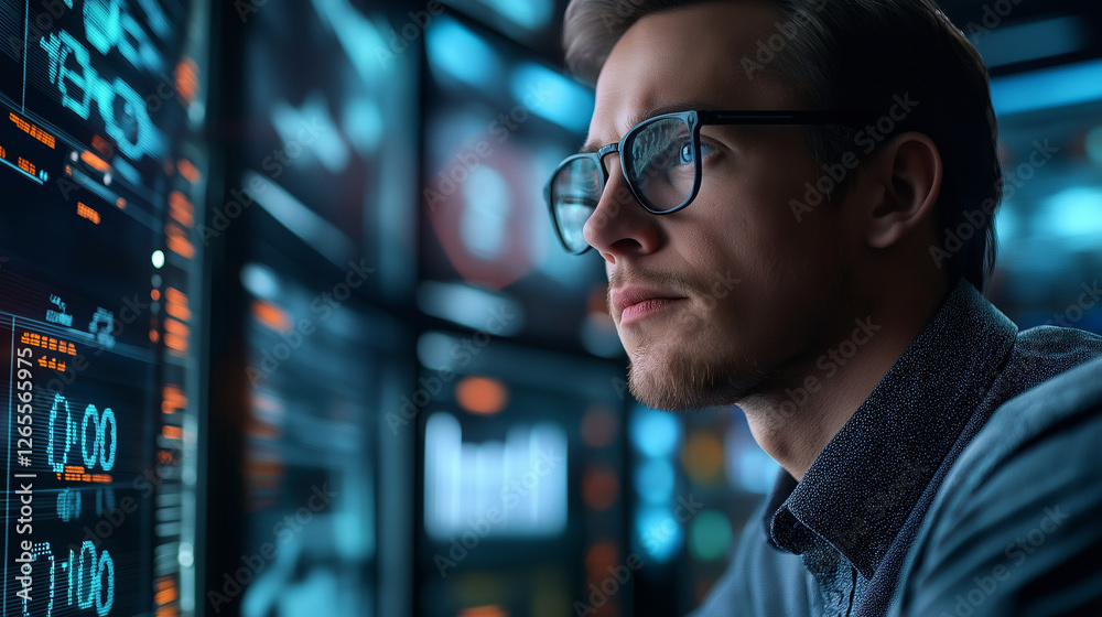 Cybersecurity analyst wearing glasses and a smart casual outfit, standing in front of multiple ...