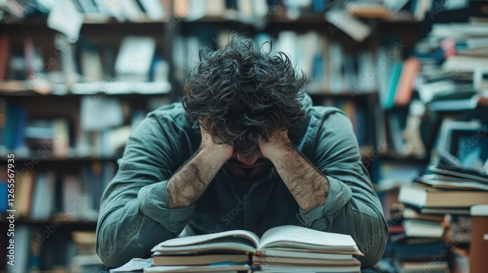 A stressed student with a frown buried in his books displays the ...