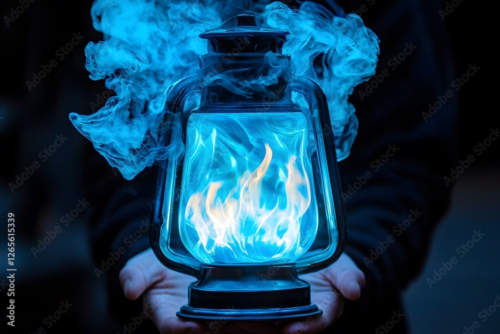 Blue Flame Lantern: A hand holds aloft a lantern with a vibrant blue ...