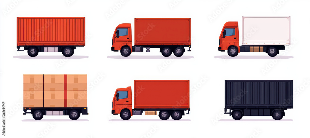 Various delivery trucks with different cargo and container types in ...