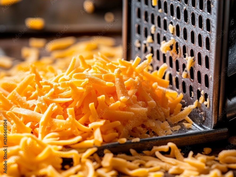 Cheddar cheese grating process with a cheese grater and the cheese ...