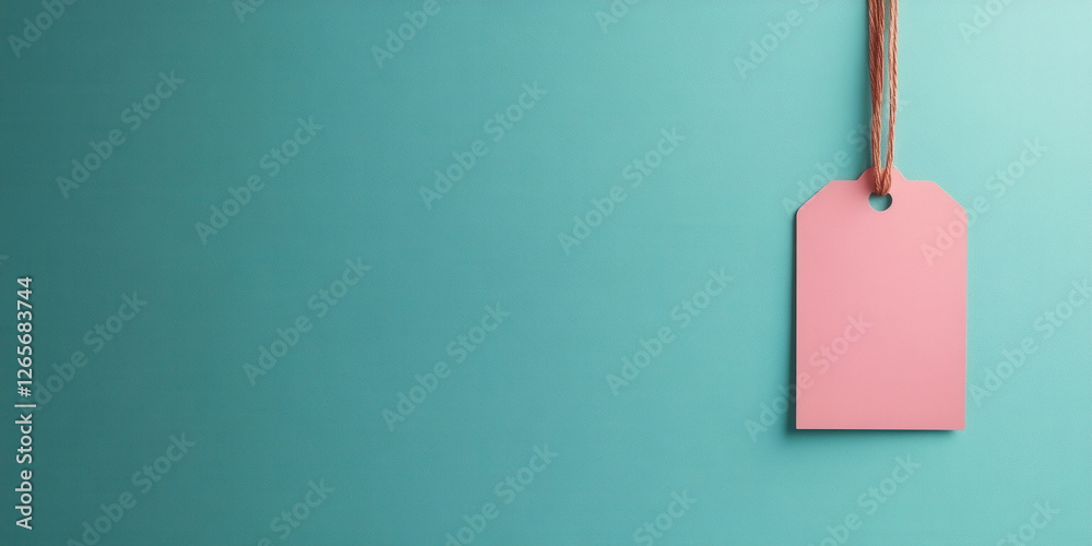 Minimalistic pink blank price tag on teal background for retail and ...