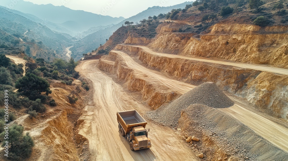 Aerial view of mining truck on open-pit quarry road, mountains in ...