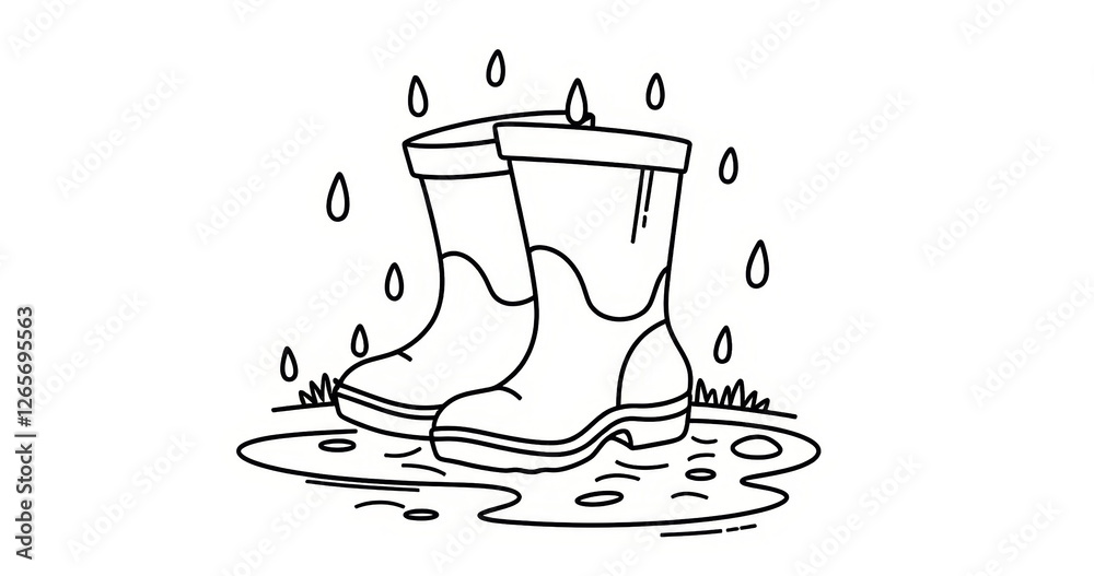 - Rainy Day Rubber Boots in Puddle, Black and White Coloring Page for ...