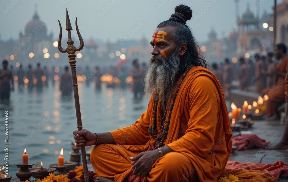 Pandit or Sadhu's Sacred Sunrise Ritual in the Holy Ganga at Prayagraj ...
