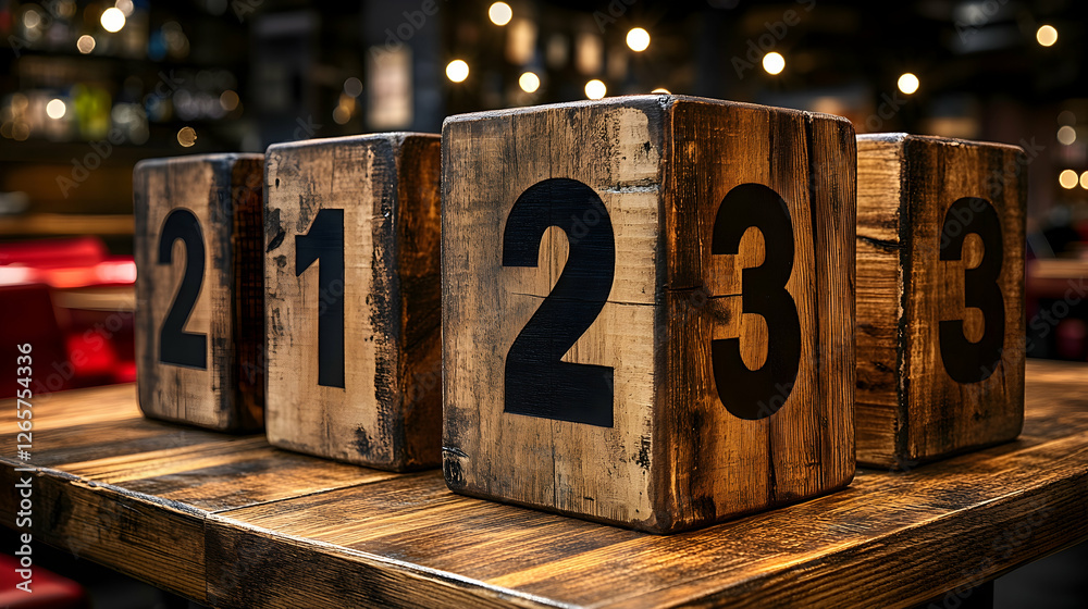 Wooden number blocks on table in restaurant. Queue system, background ...