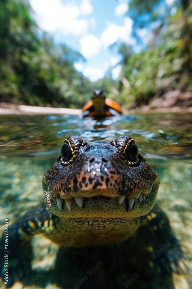 Caiman swims in river, turtle behind. Wildlife imagery for education ...