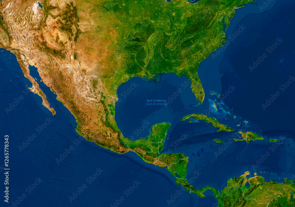 Ilustración de Stock Gulf of Mexico, Gulf of America raster satellite map, with country borders ...