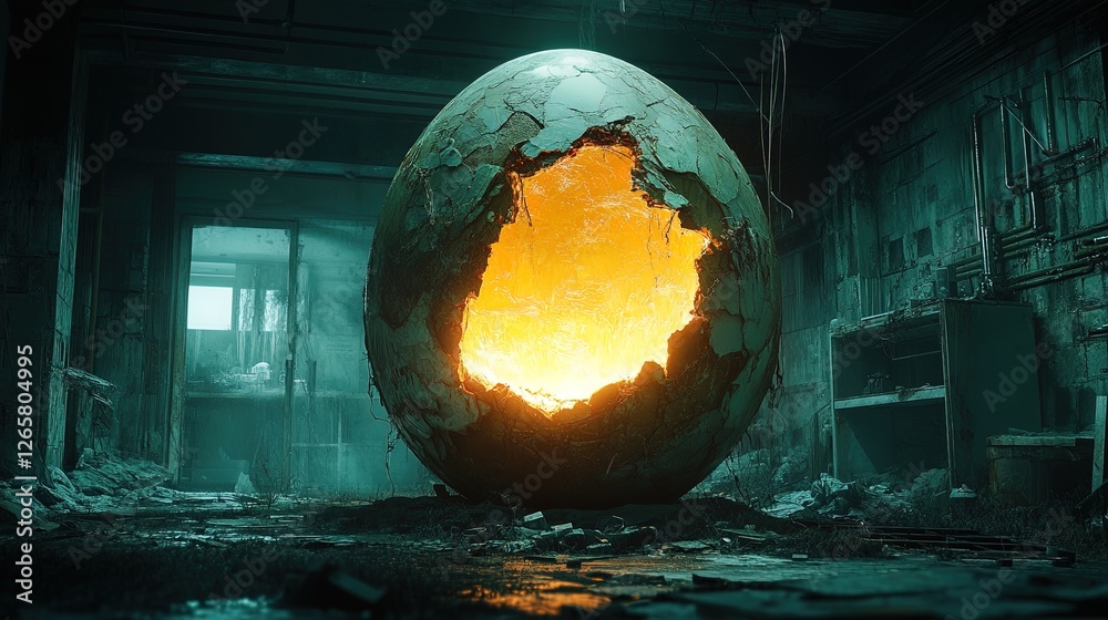 A shadowy creature emerging from a glowing, cracked egg in an abandoned ...